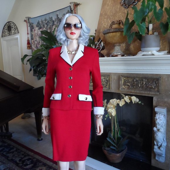 St. John Collection | Other | St John Red Ivory Knit Skit Jacket Suit ...